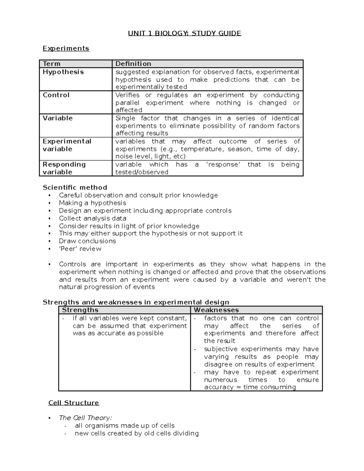 8893Unit 1 - Study Guide - UNIT 1 BIOLOGY: STUDY GUIDE Experiments Term ...
