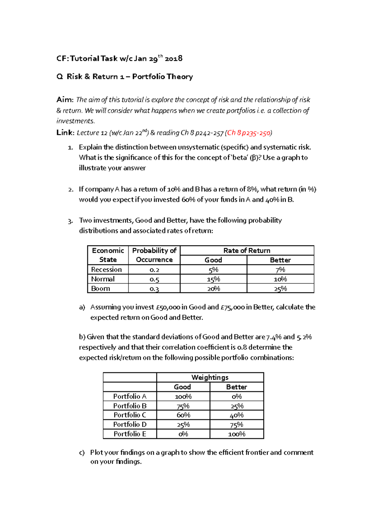 W2 Q Risk & Return 1 Portfolio Theory - CF: Tutorial Task w/c Jan 29th ...