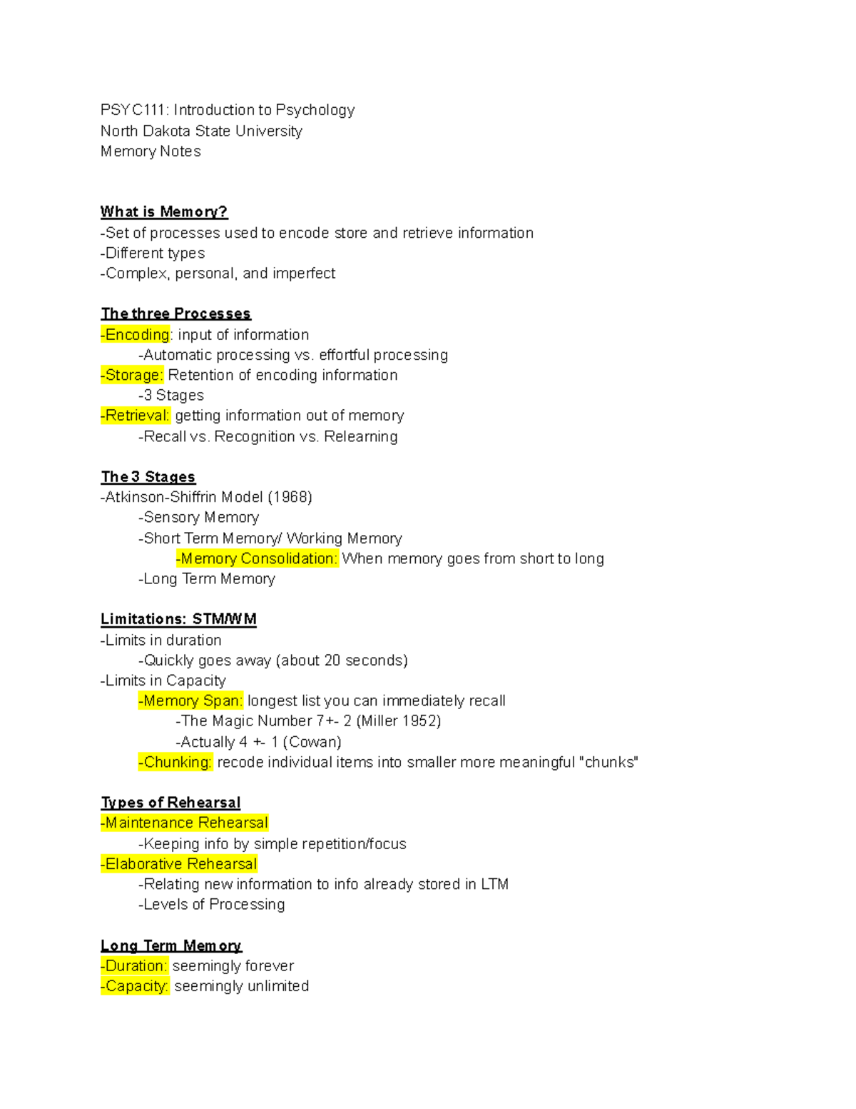 Memory in Psychology - PSYC111: Introduction to Psychology North Dakota ...
