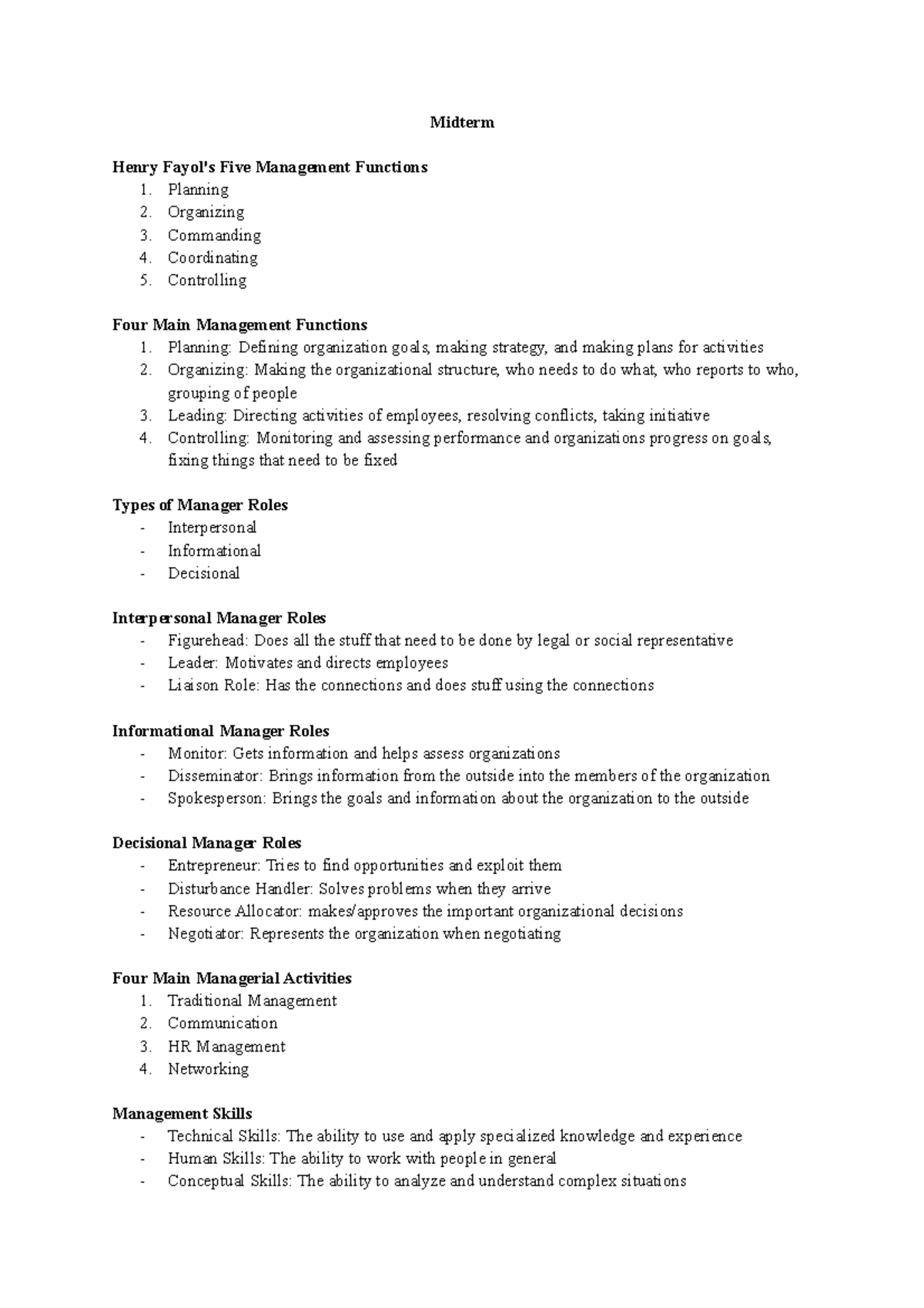 Organisational Behaviour terminology list - Midterm Henry Fayol's Five ...