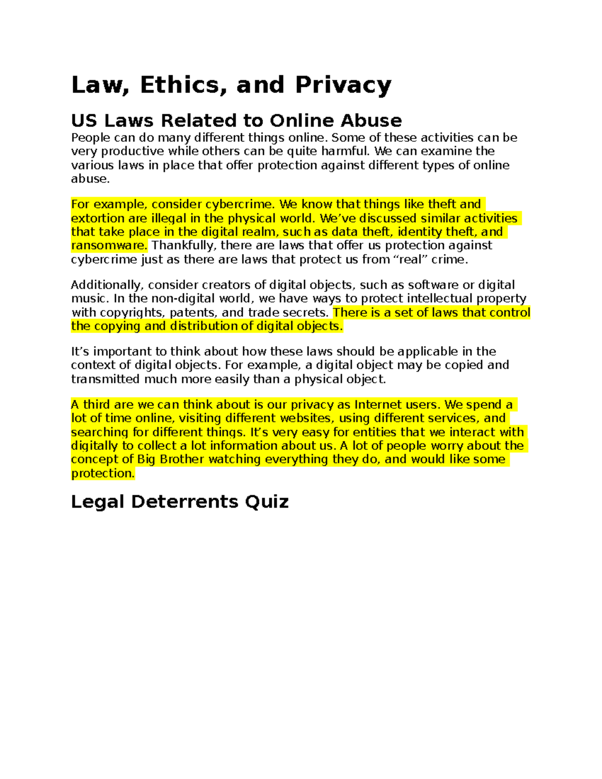 20-Law Ethics Privacy - Lecture notes for Introduction to Information ...