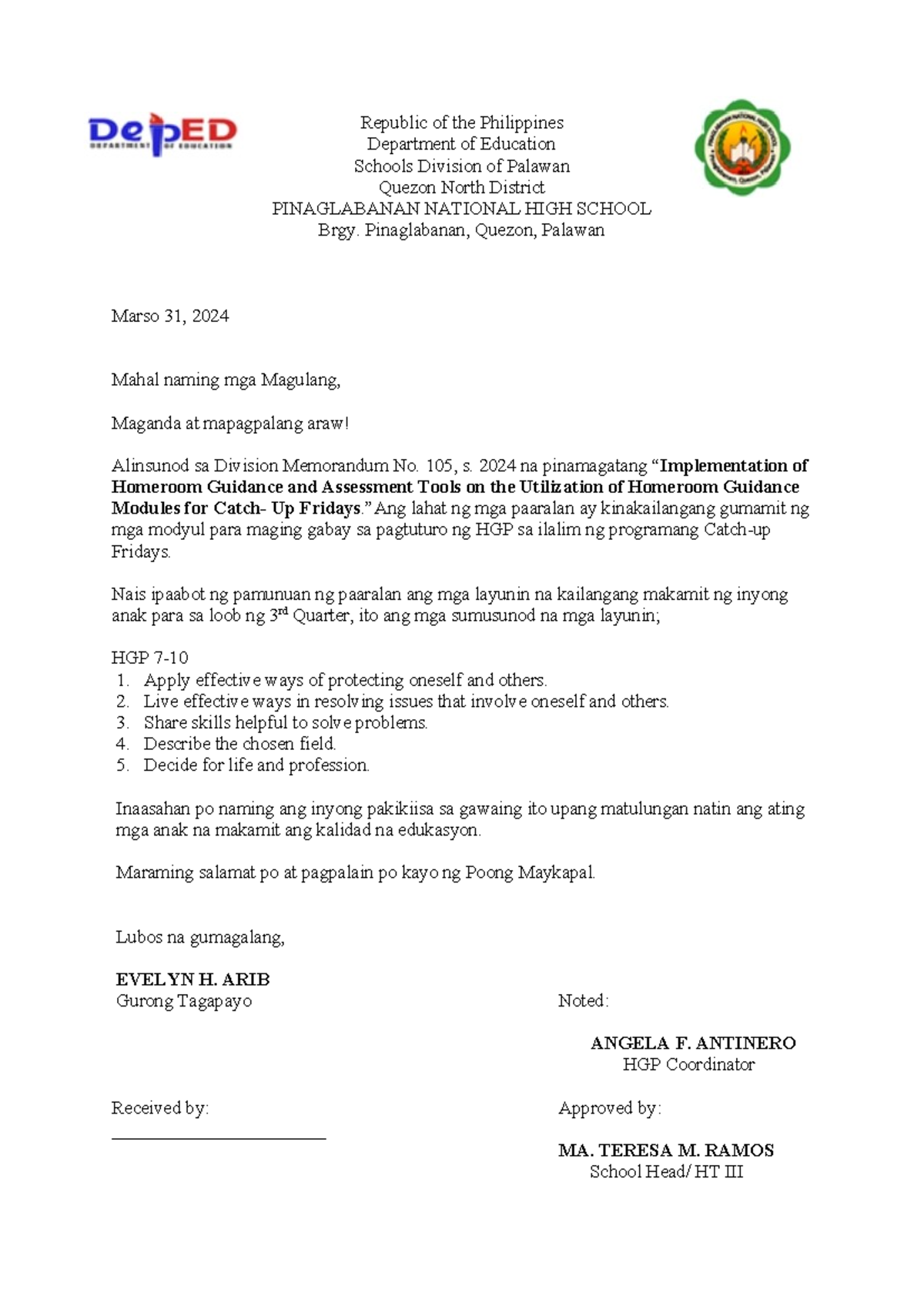 Letter to Parents HGP - Republic of the Philippines Department of ...