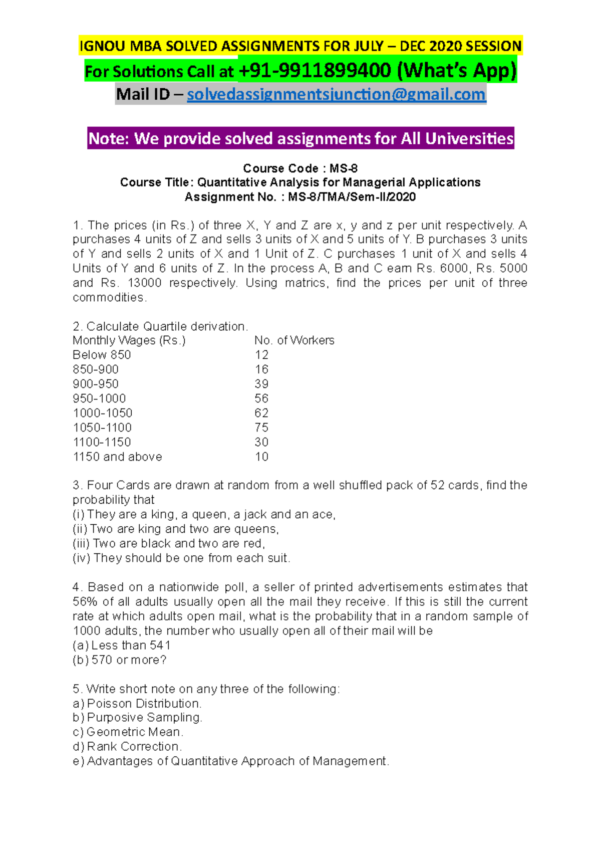 MS08 Quantitative Analysis for Managerial Applications JULY-DEC 2020 - IGNOU MBA SOLVED ...