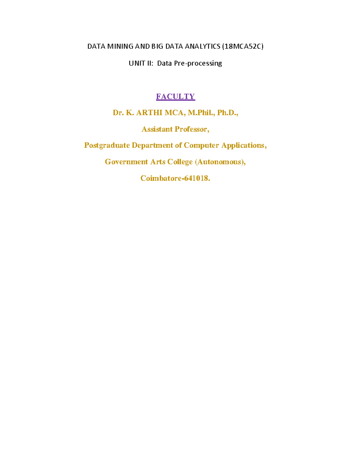 Data Preprocessing Data Mining And Big Data Analytics 18mca52c Unit Ii Data Pre Processing