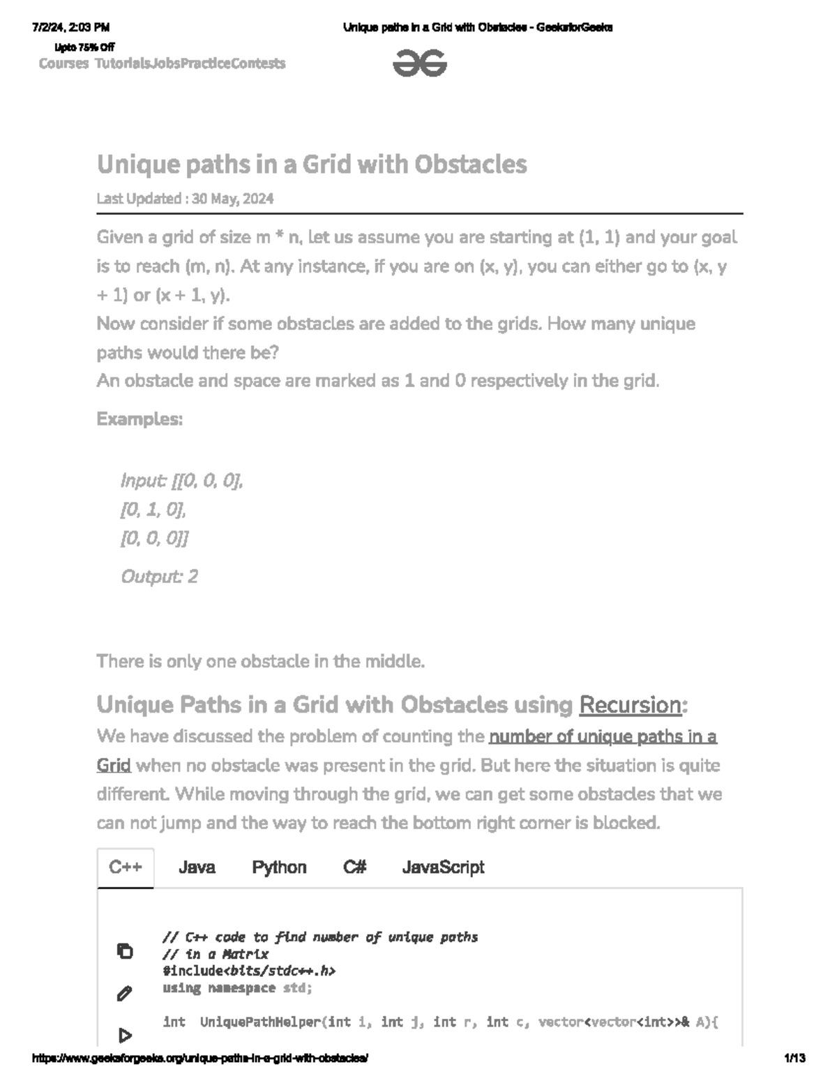 Geeks for geeks solu - great job - 2:03 PM Unique paths in a Grid with ...