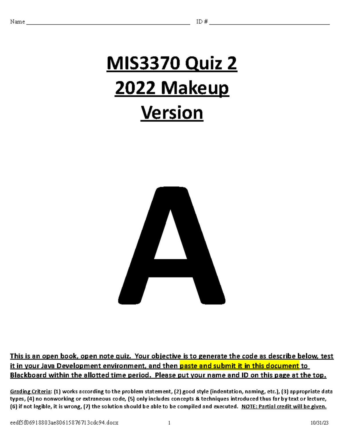 2022 Quiz 2 - Knighton - Makeup handout - Name