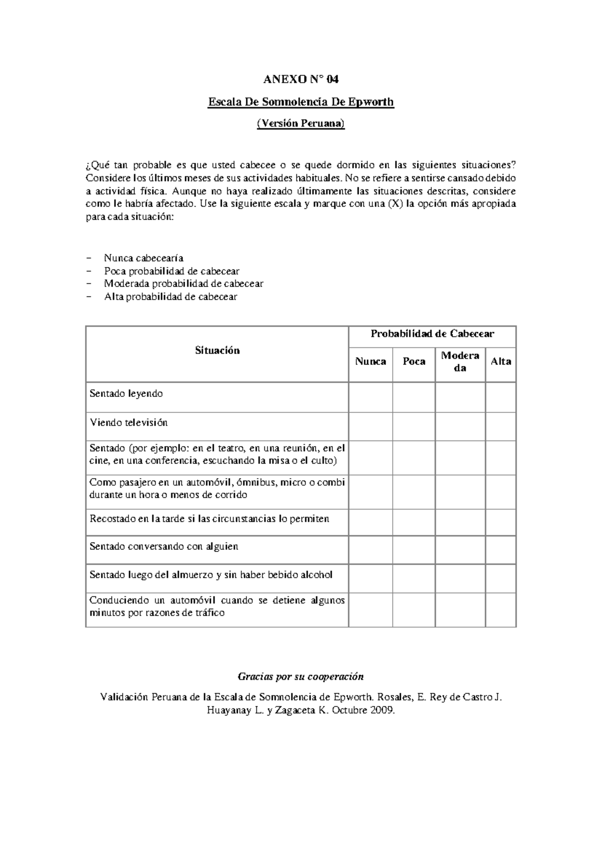 Test de Eptworth - ANEXO N° 04 Escala De Somnolencia De Epworth ...