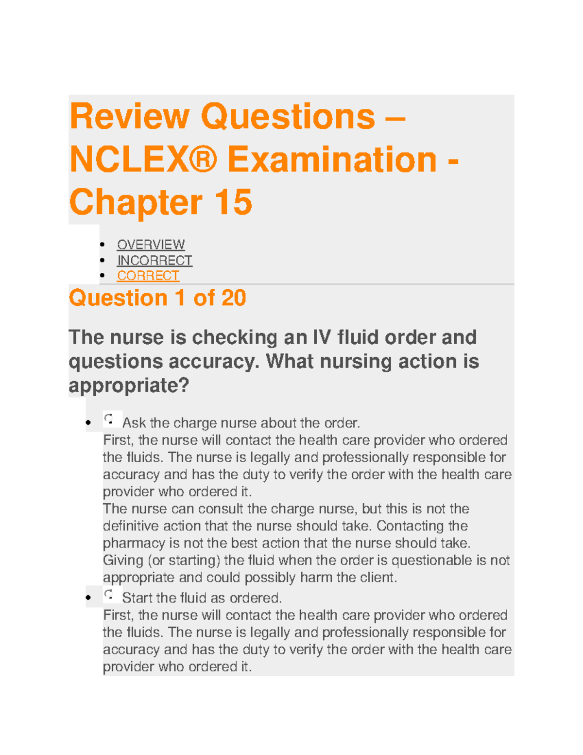 Chapter 15 - Review Que stions – NCLEX® Examination - Cha pter 15 ...