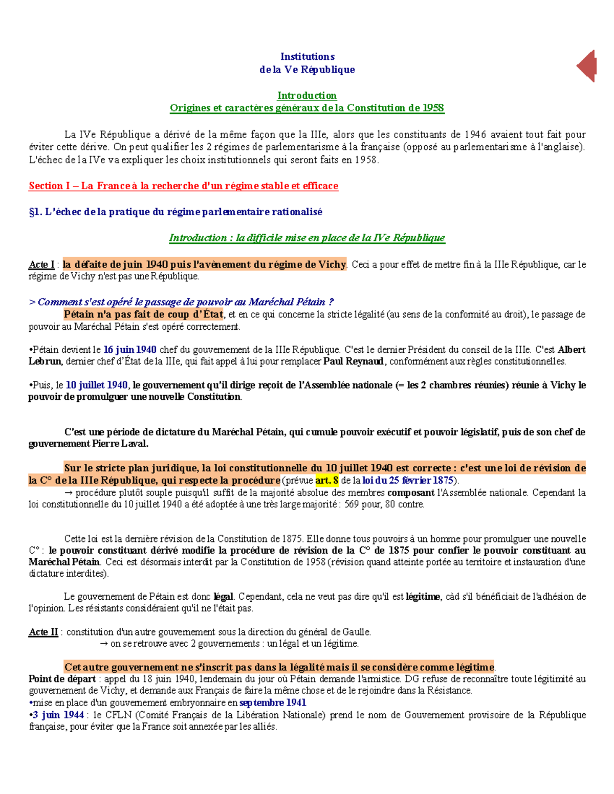 Institutions de la cinquième république - 1 Institutions de la Ve ...