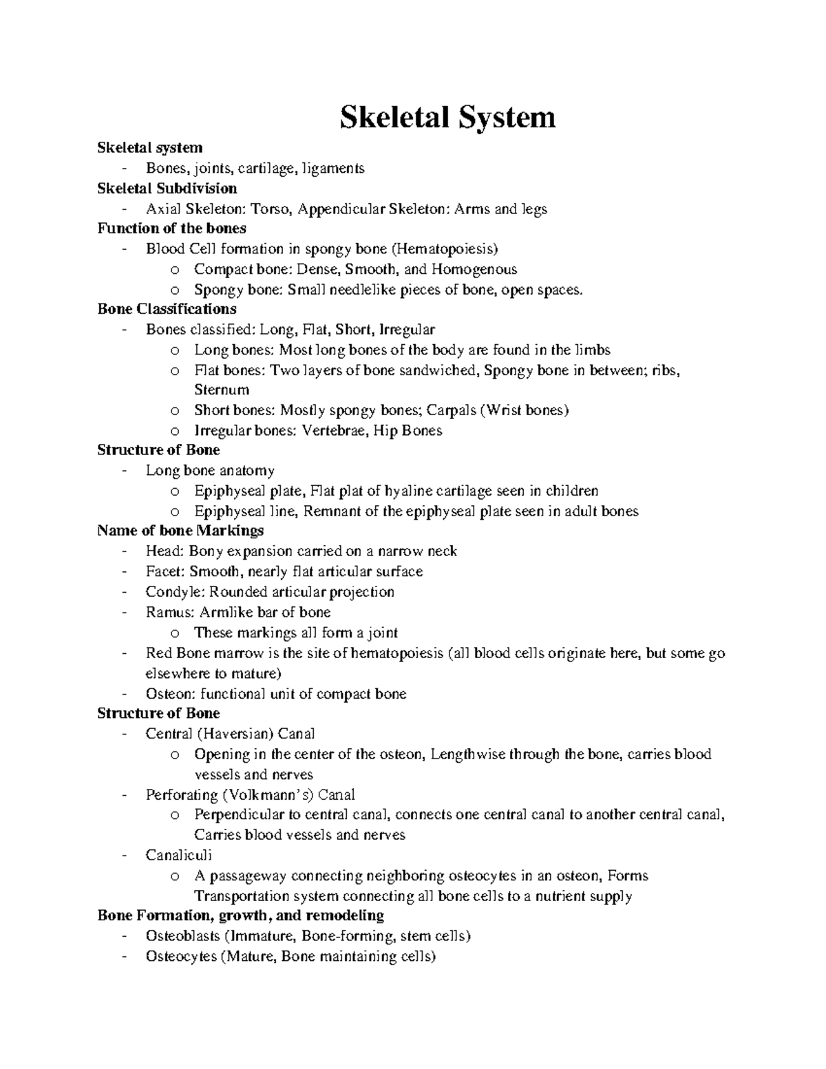 Skeletal System - Notes - Skeletal System Skeletal system - Bones ...