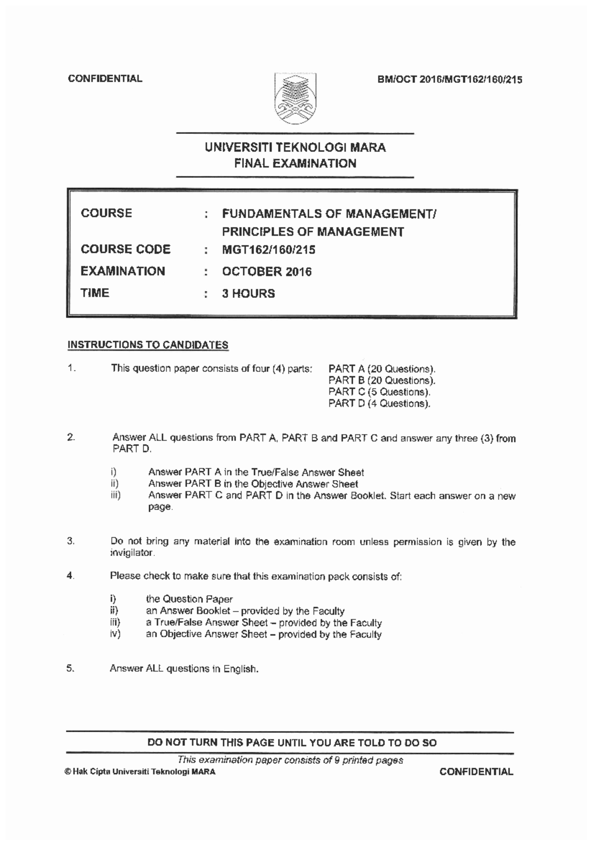 MGT 162 OKT2016 - pyq - Business studies - Studocu