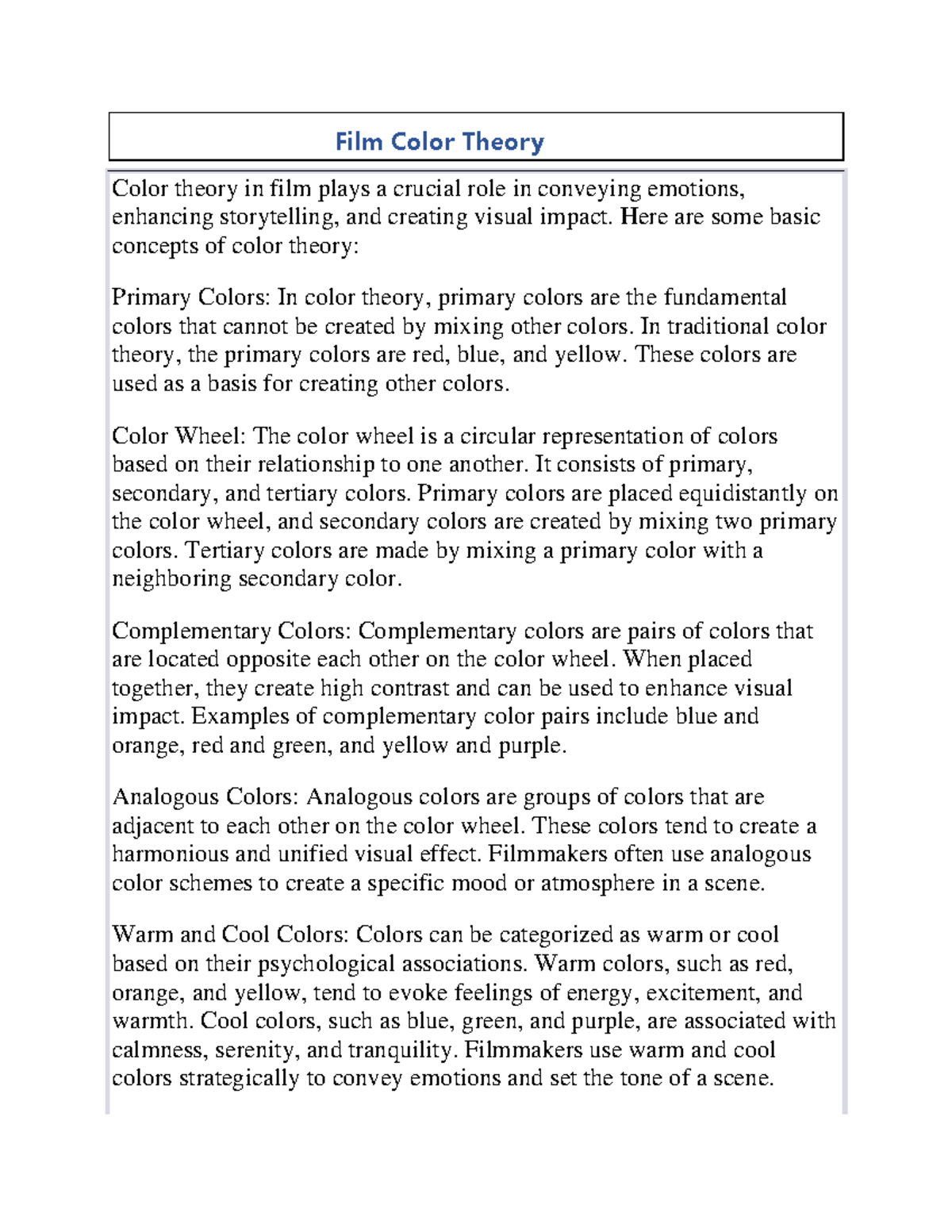 Document - Film Color Theory Color theory in film plays a crucial role ...