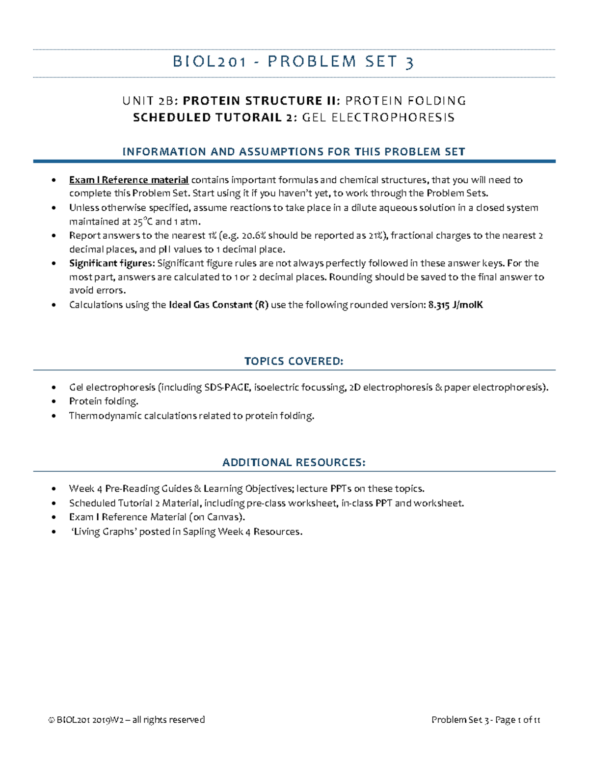 Problem set 3 - BIOL201 - PROBLEM SET 3 UNIT 2B: PROTEIN STRUCTURE II ...