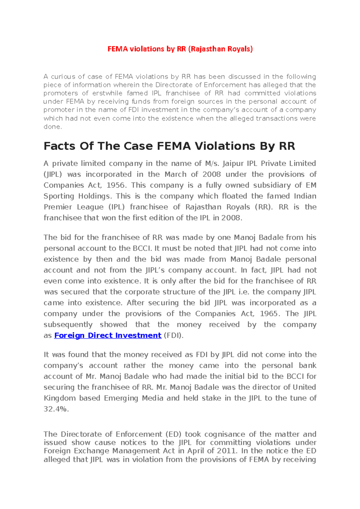 FEMA violations by RR - Facts Of The Case FEMA Violations By RR A ...
