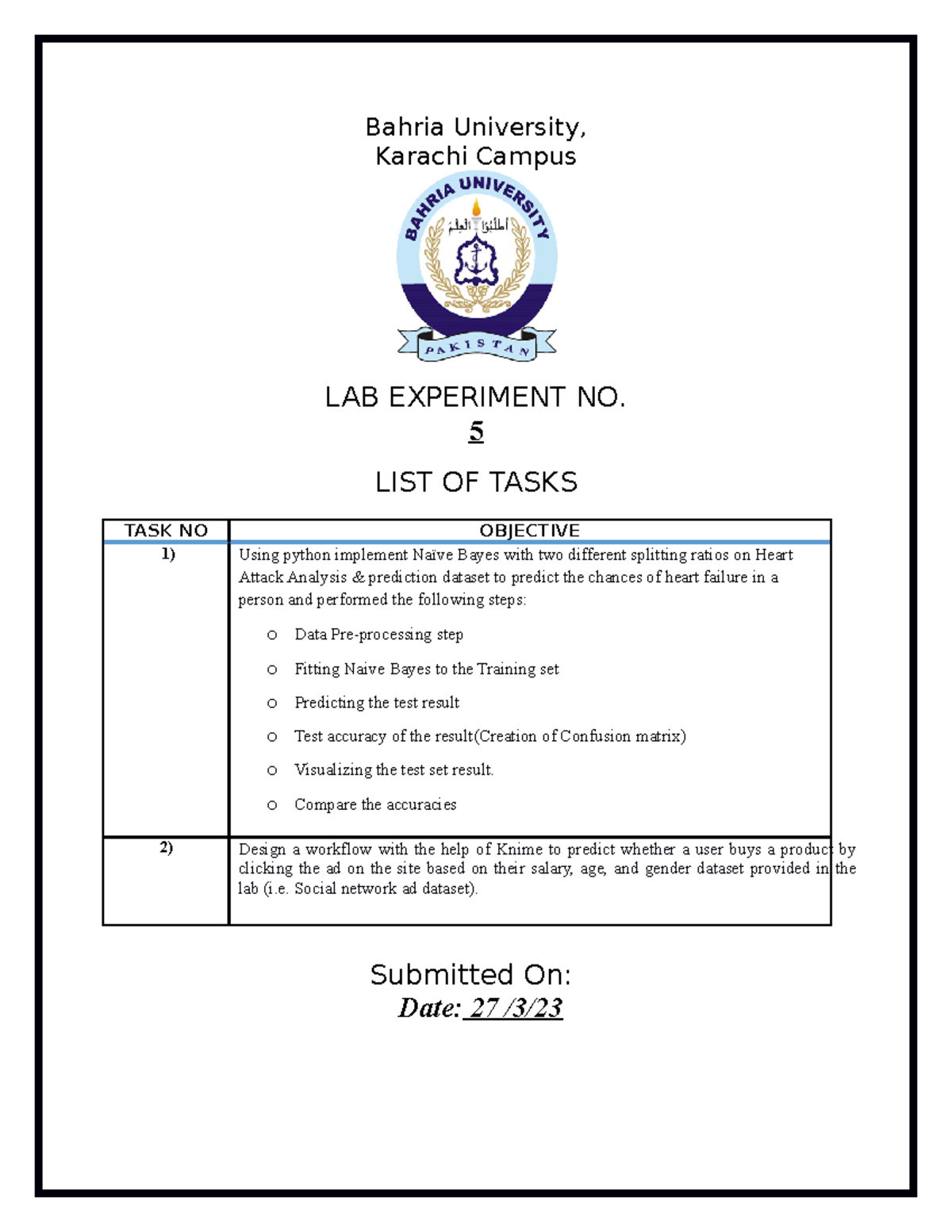 Task list - lab tasks - Bahria University, Karachi Campus LAB EXPERIMENT NO. 5 LIST OF TASKS ...