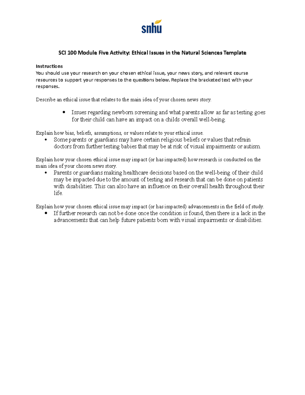 Module 5 Assignment Submit - SCI 100 Module Five Activity: Ethical ...