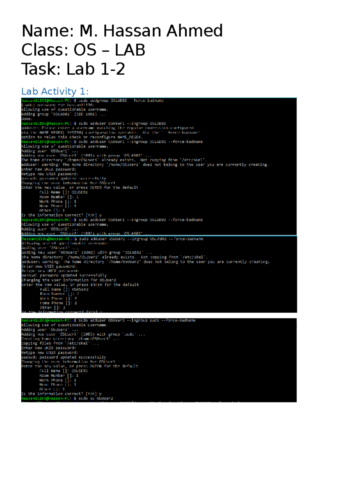 LAB 1,2 - Computer Sciences - Name: M. Hassan Ahmed Class: OS – LAB Task: Lab 1- Lab Activity 1 ...