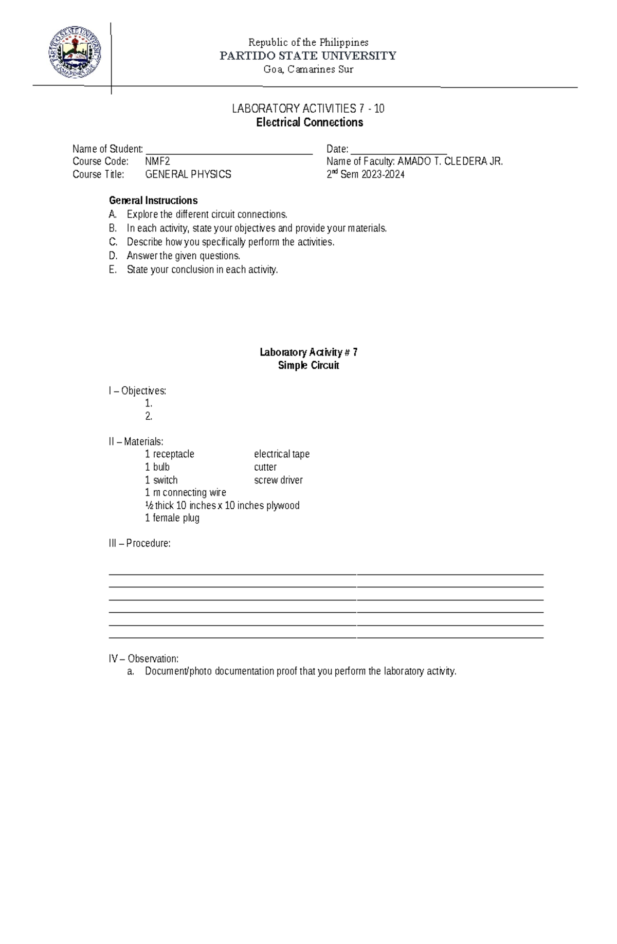 Laboratory Act 7 10 Electrical Connections - PARTIDO STATE UNIVERSITY ...