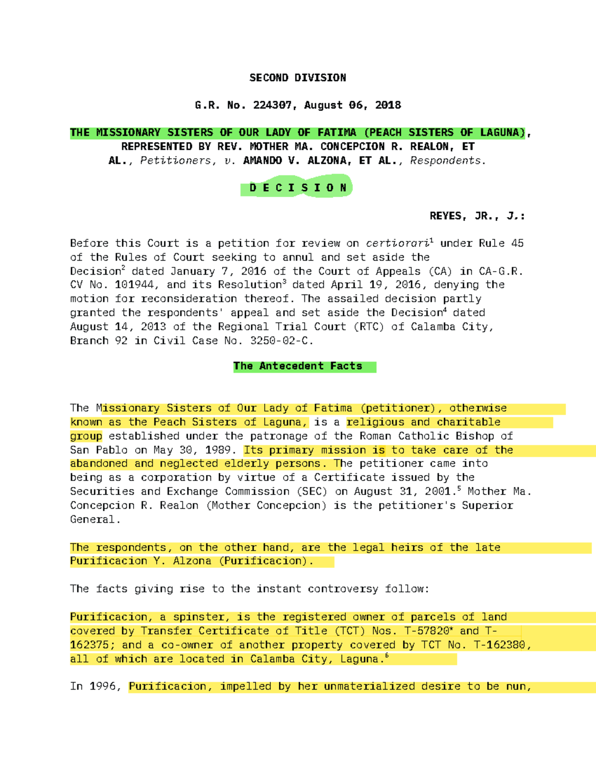 Missionary Sisters of Our Lady of Fatima v Alzona GR 224307 - SECOND DIVISION G. No. 224307 ...