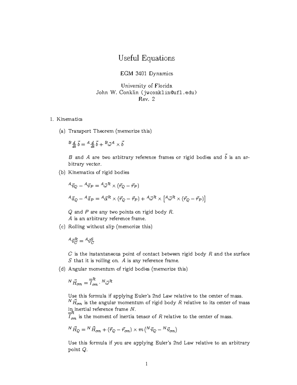 EGM3401 useful equations - Useful Equations EGM 3401 Dynamics ...
