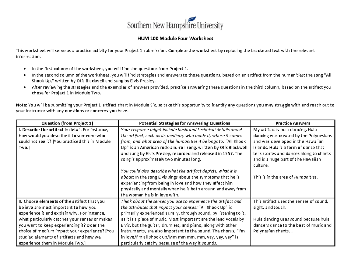HUM 100 Module Four Worksheet Grade A - HUM 100 Module Four Worksheet ...