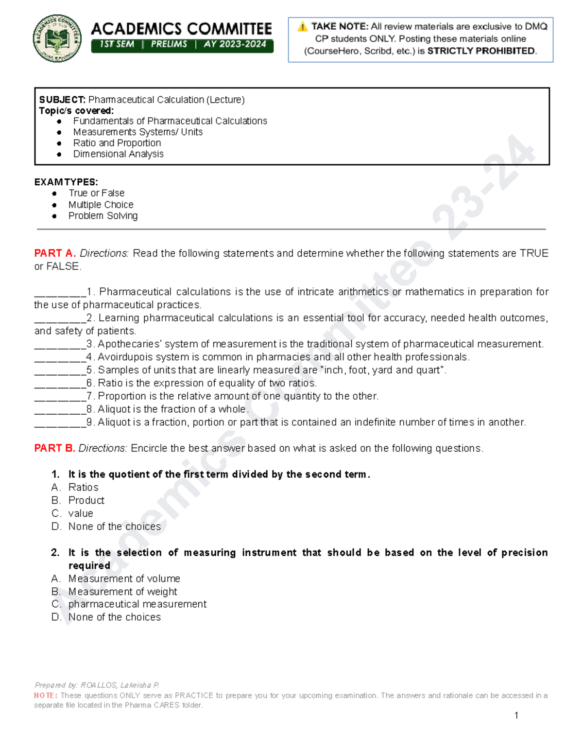 BPS 113 Mock Exam Prelims - Academics Committee 23- SUBJECT ...