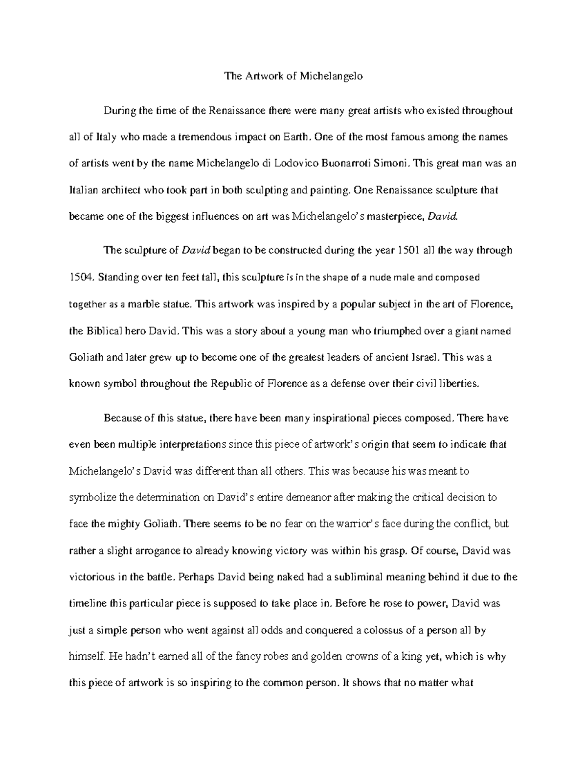 Art History - Michelangelo Essay - The Artwork of Michelangelo During ...