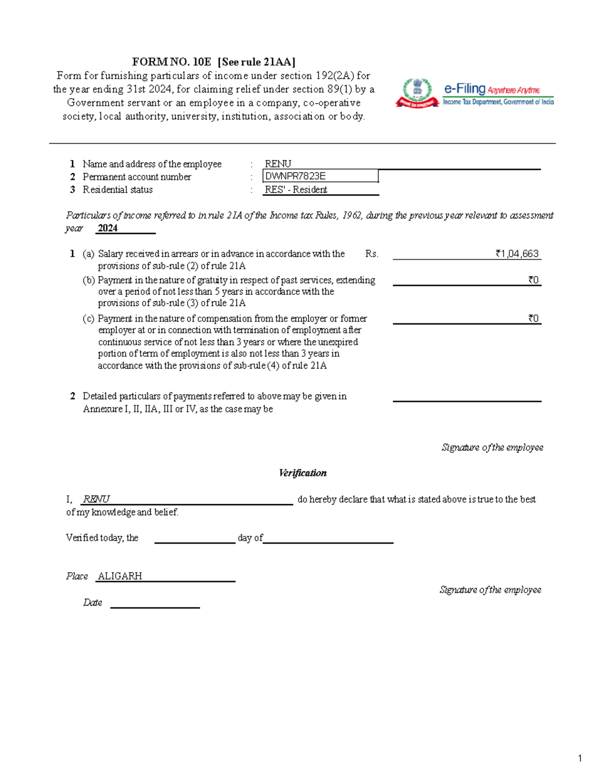 10E - 10e - FORM NO. 10E [See rule 21AA] Form for furnishing ...