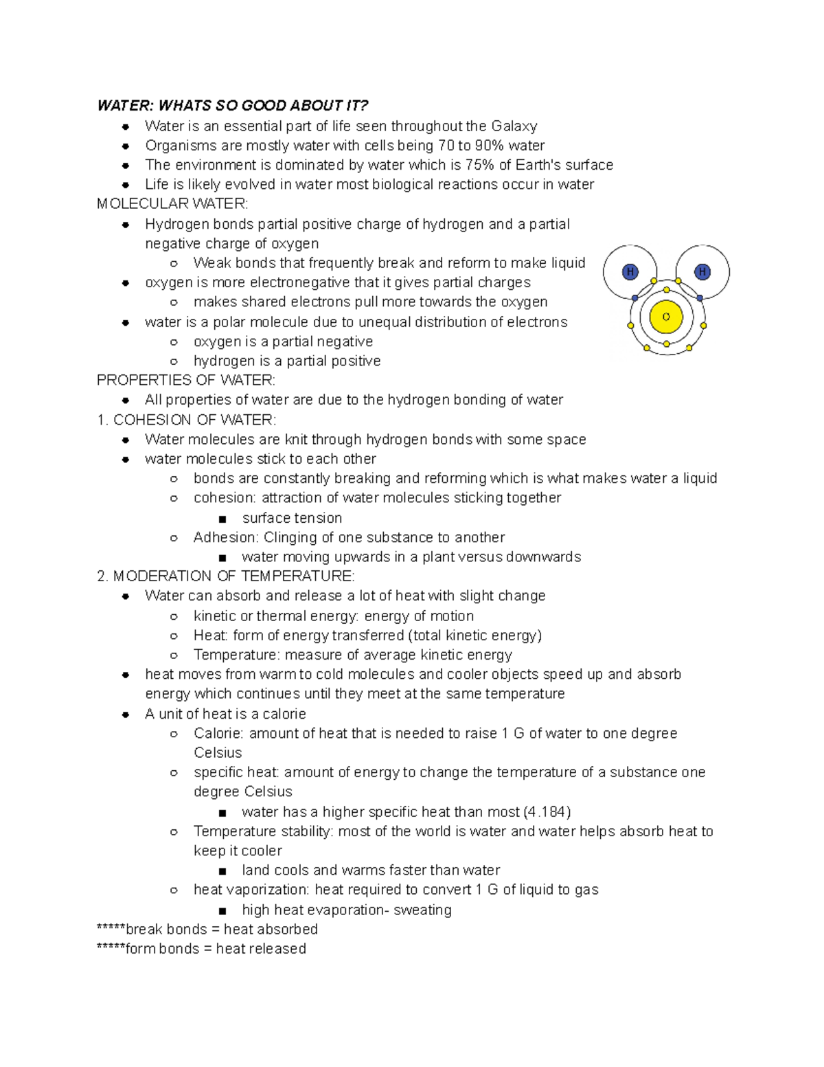 Bio Chapter 3- Water - WATER: WHATS SO GOOD ABOUT IT? Water is an ...