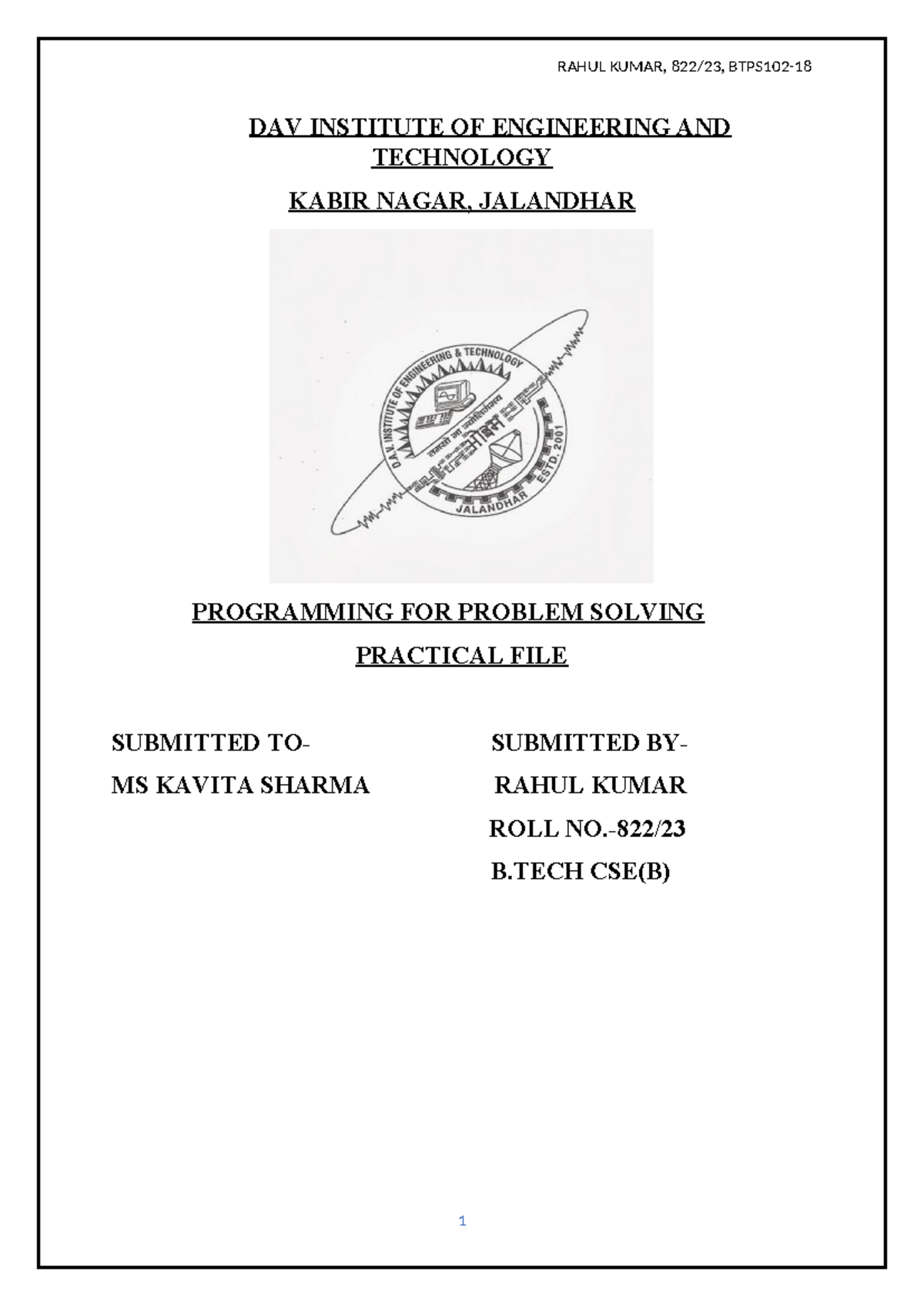 Rahul PPS - fhnfrk - DAV INSTITUTE OF ENGINEERING AND TECHNOLOGY KABIR ...