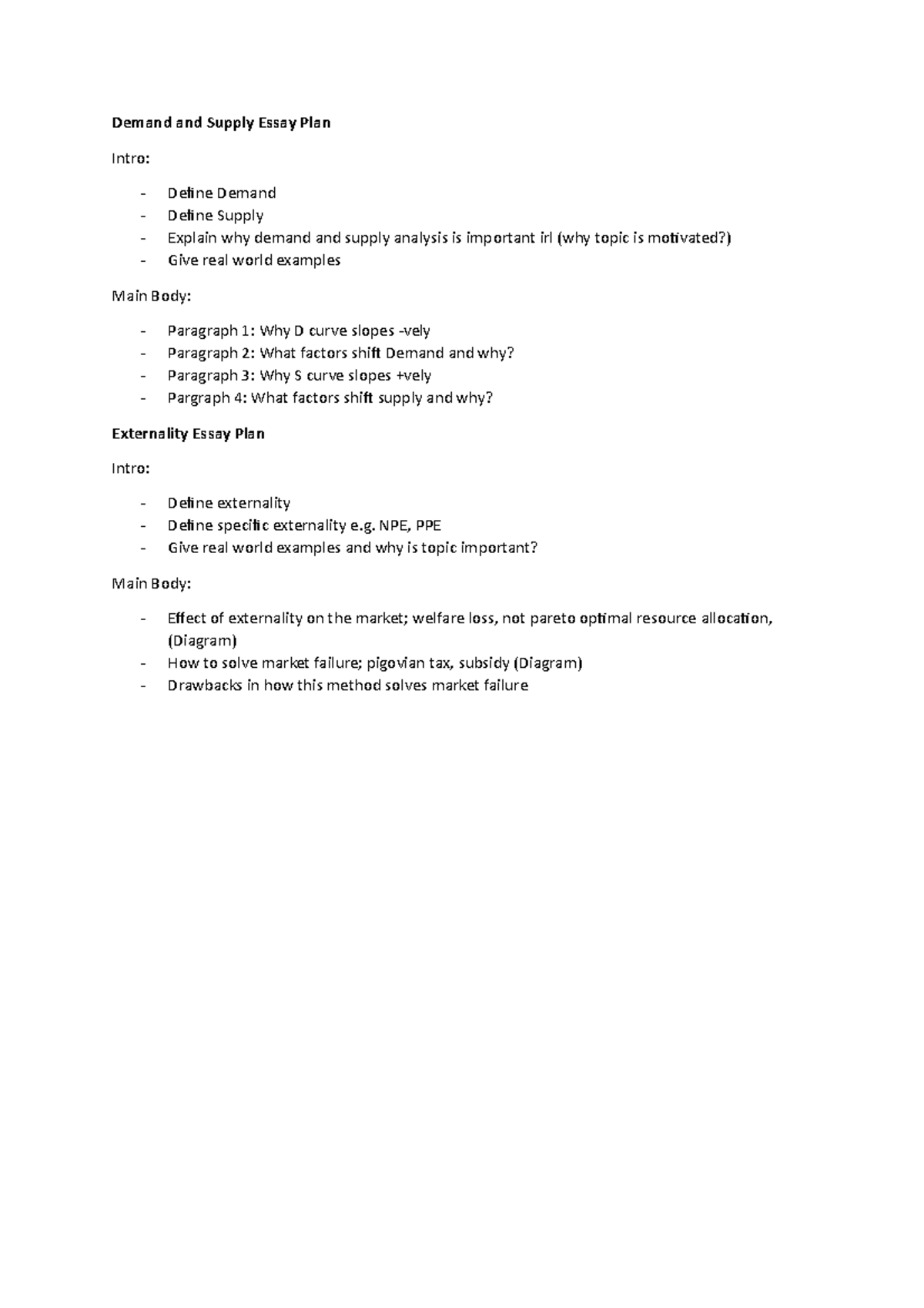 Bullet Point Plans (Externality and D+S) - Demand and Supply Essay Plan ...