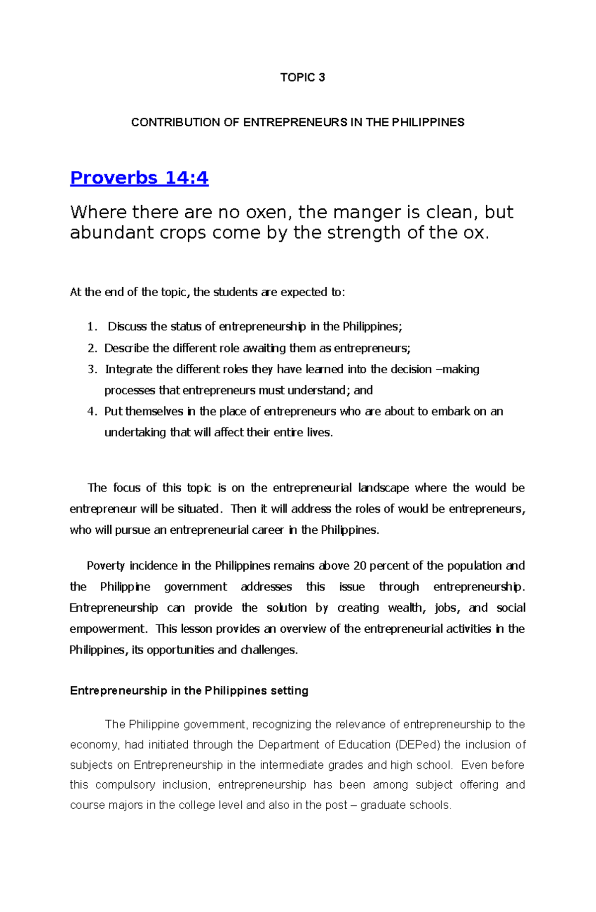 Topic-3 - Notes - TOPIC 3 CONTRIBUTION OF ENTREPRENEURS IN THE ...