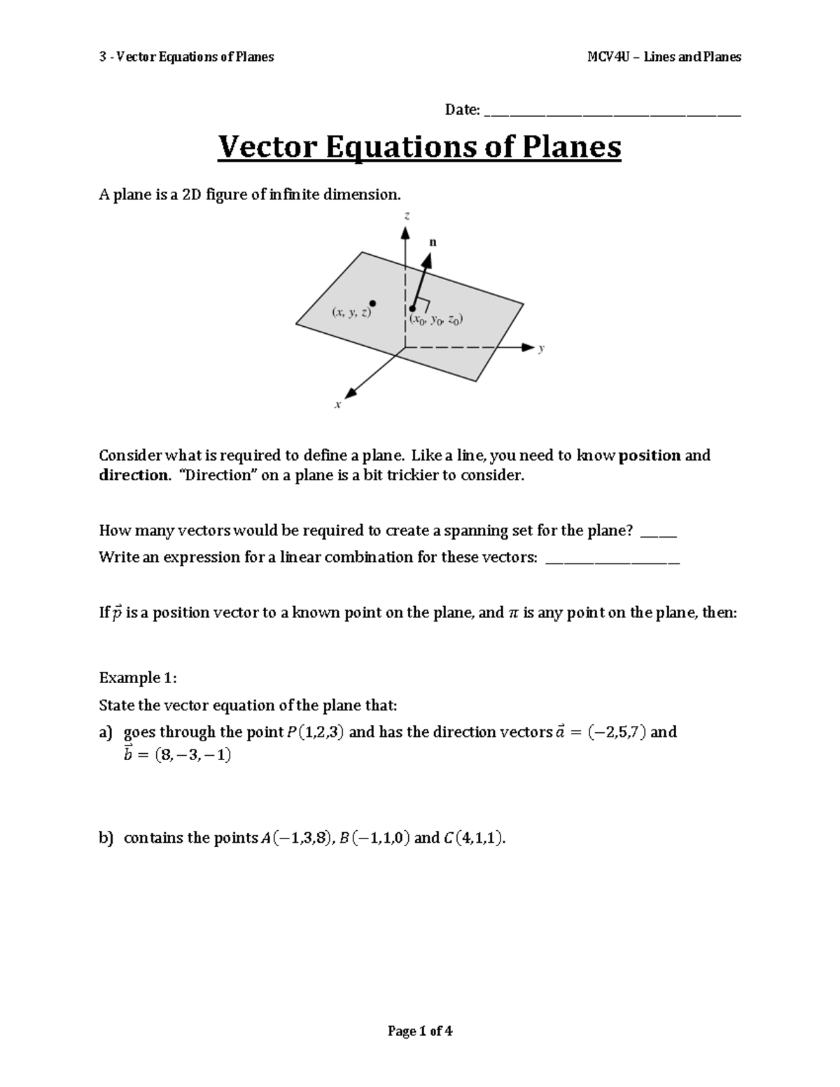3 - Vector Equations of Planes - Date ...