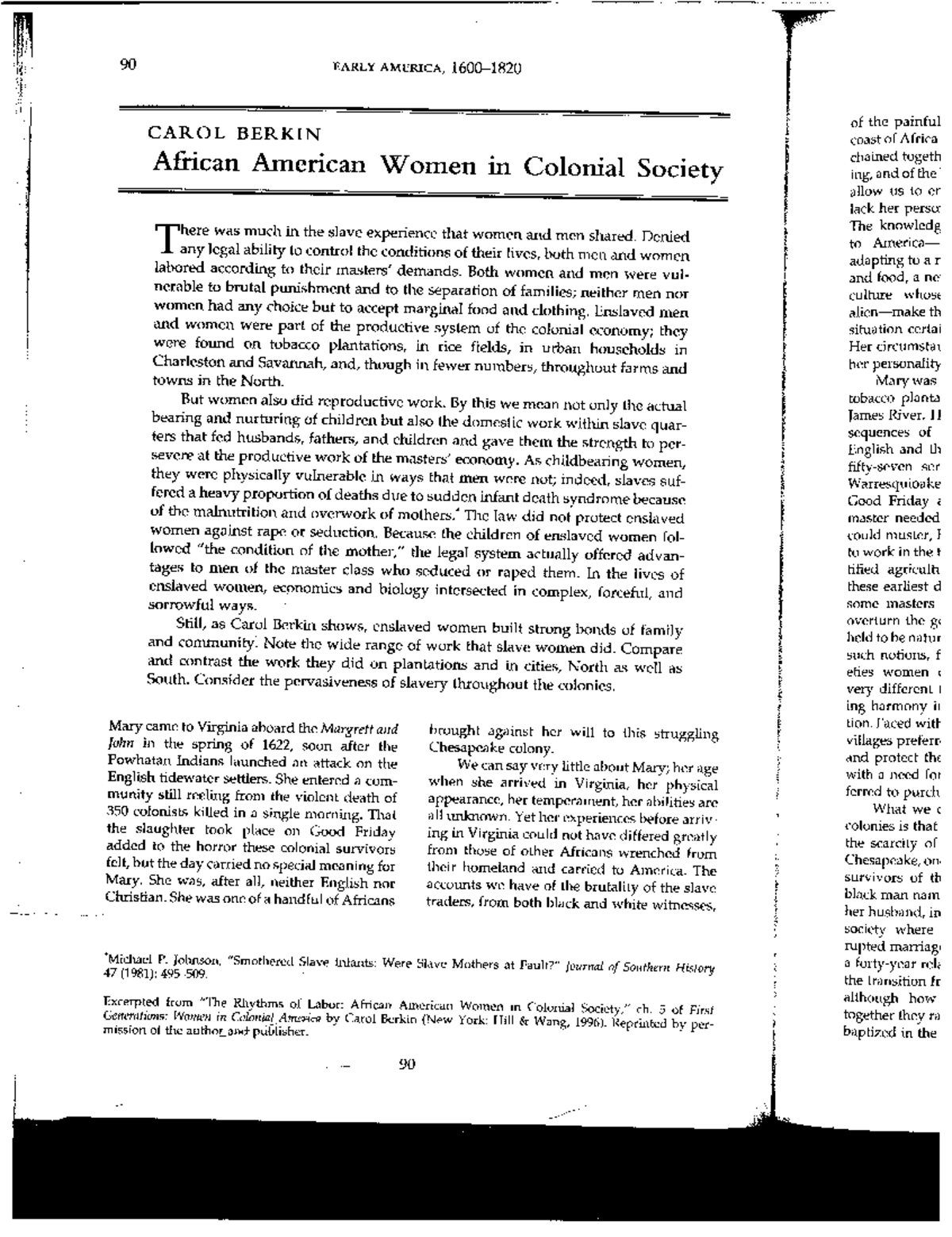 Berkin African American Women - HIST 1301 - Studocu