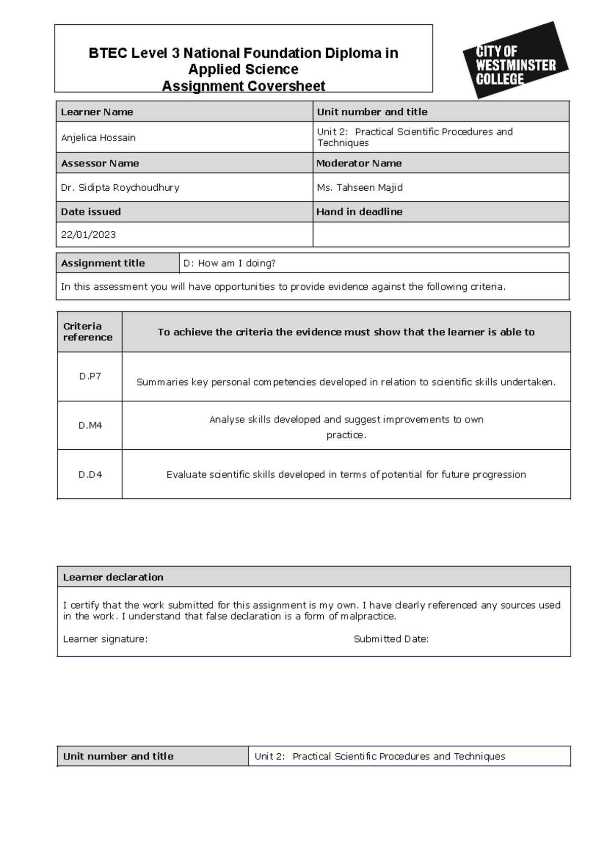 Unit 2 Assignment D - pass - Applied Science Assignment Coversheet ...