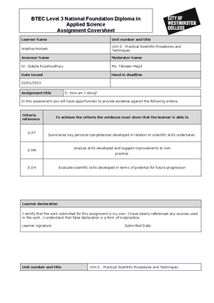 Unit 2 tritation - Unit 2 Btec applied science Titration assignment - Unit 2: Lab Report Index o ...