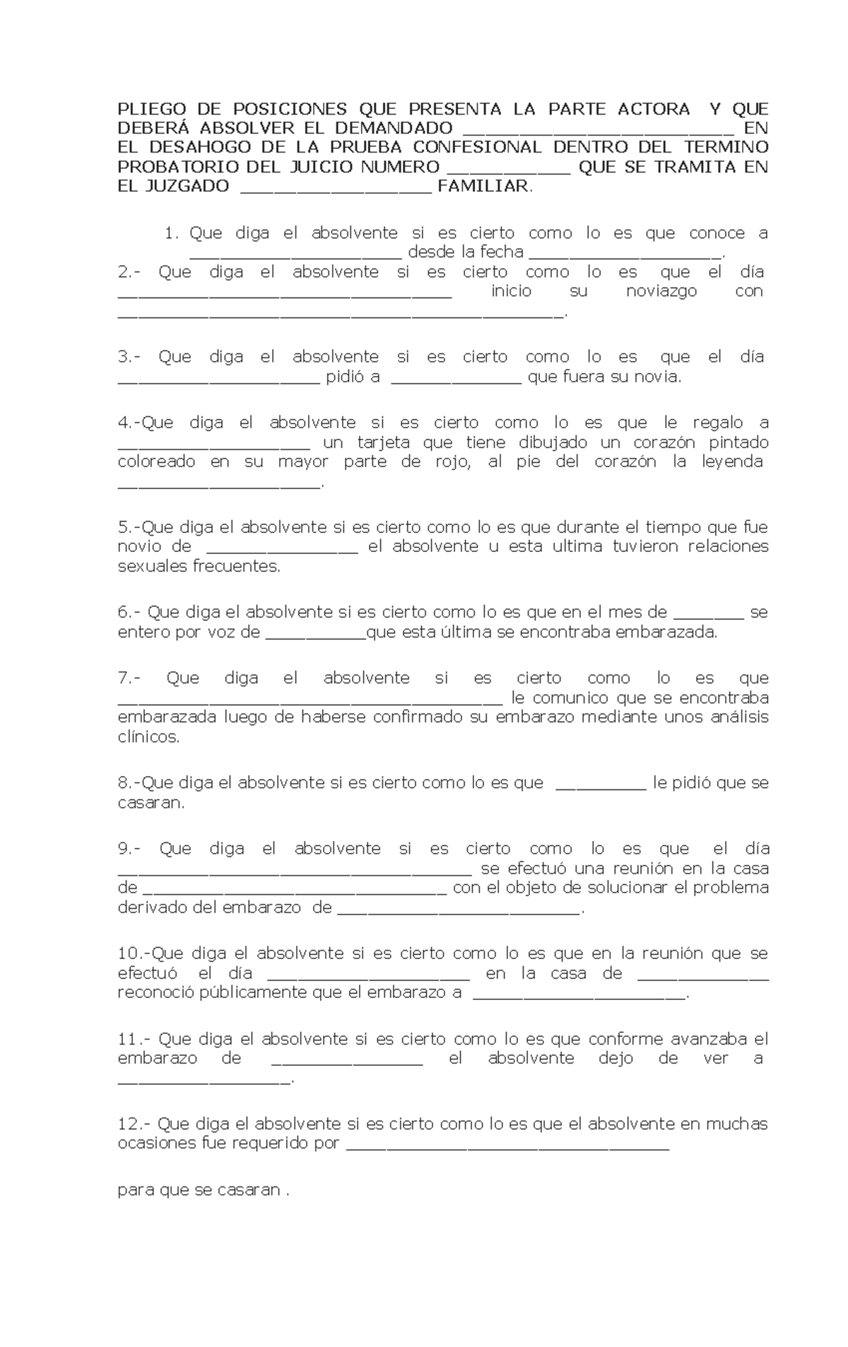 Pliego De Posiciones Reconocimiento Paternidad Pliego De Posiciones