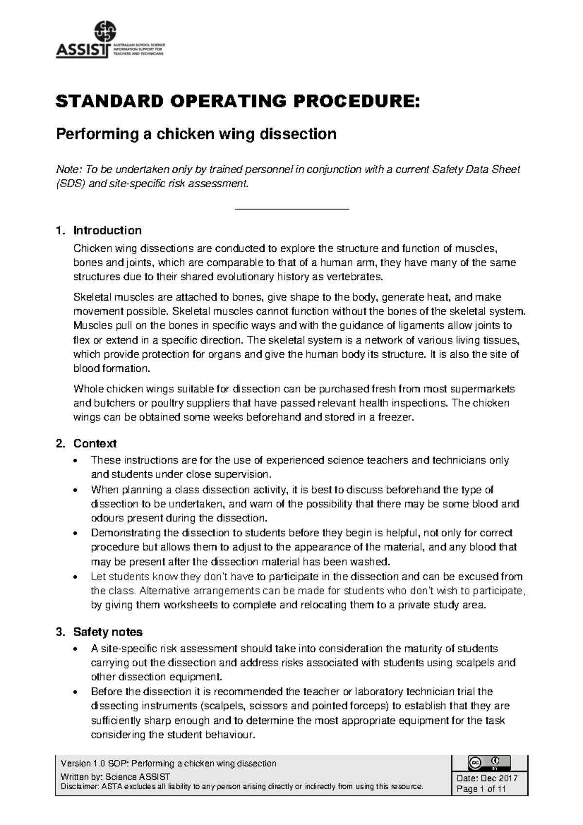 SOP Performing a chicken wing dissection - Version 1 SOP: Performing a ...