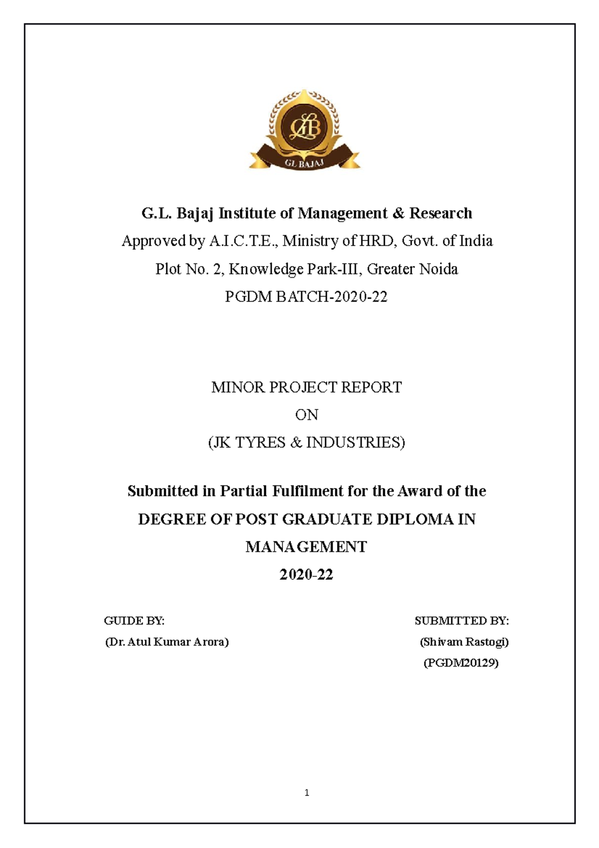 Minor Project 3 on JK Tyres (research report) - G. Bajaj Institute of ...