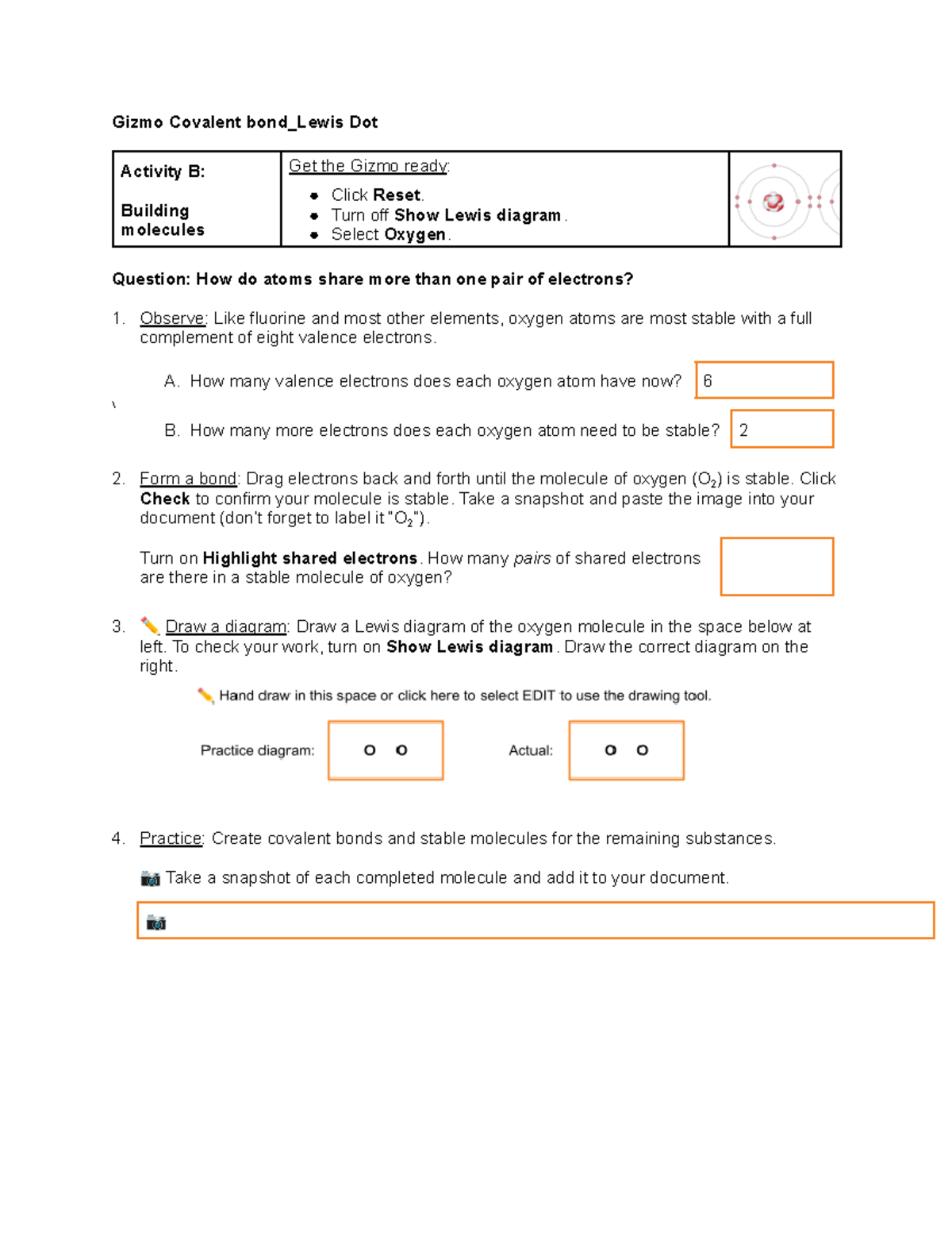 Gizmo Covalent bonds - Gizmo Covalent bond_Lewis Dot Activity B ...