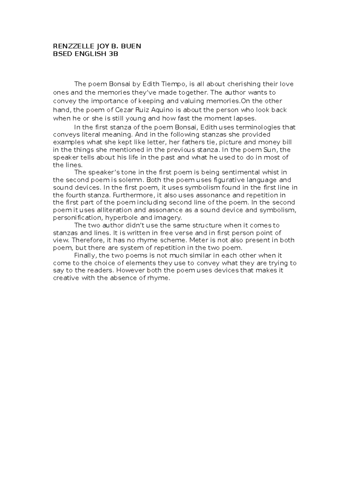 Comparative poem analysis - RENZZELLE JOY B. BUEN BSED ENGLISH 3B The ...