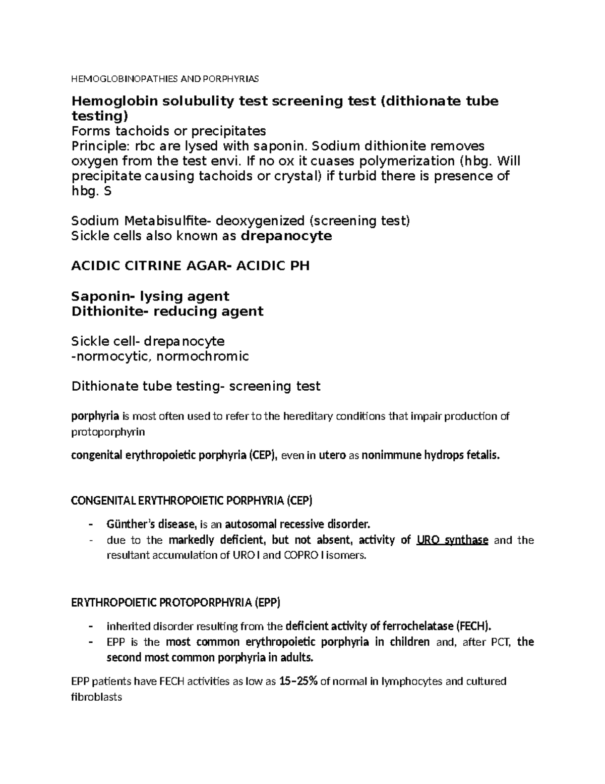 HEMA 2 - notes - HEMOGLOBINOPATHIES AND PORPHYRIAS Hemoglobin ...