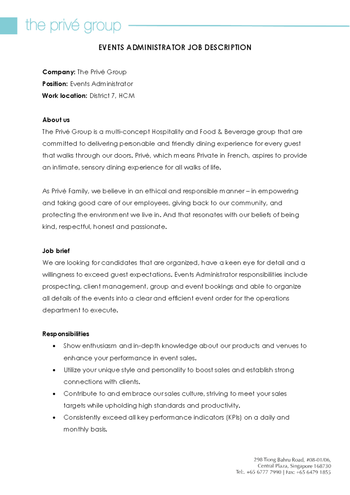 Events Administrator JOB Description - THE Prive Group - EVENTS ...