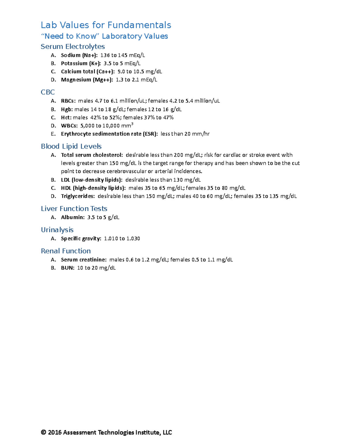Lab Values and ATI Resources - Lab Values for Fundamentals “Need to ...