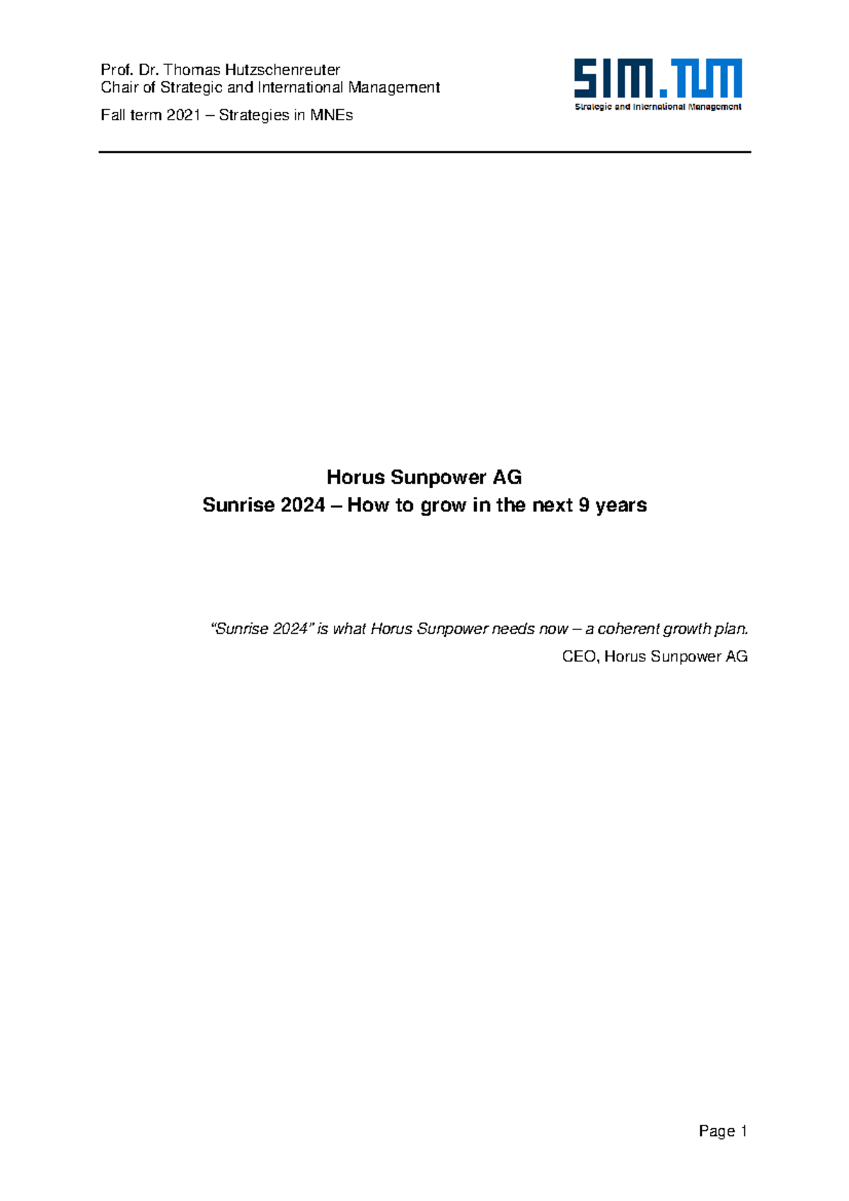 Case Study Horus Sunpower WS 2021 - Growth - Chair of Strategic and International Management ...