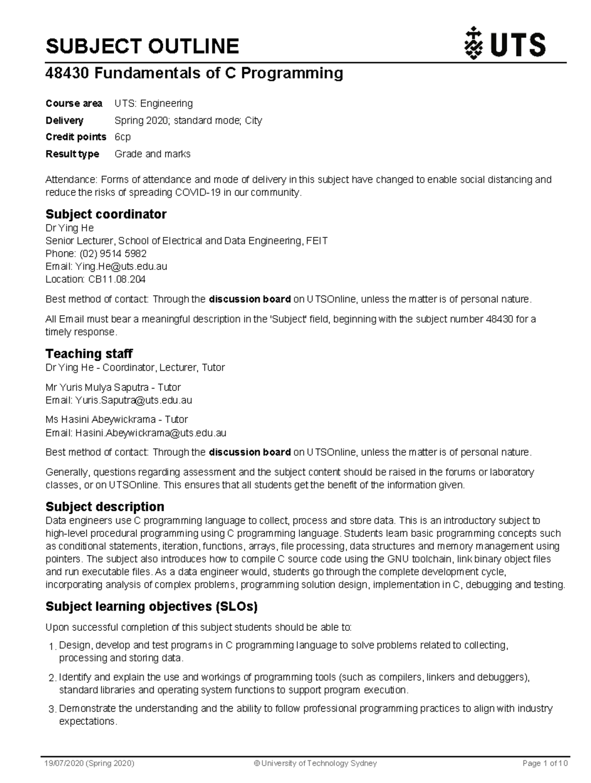 2020 Spring Outline Fundamentals Of C Programming Subject Outline 48430 Fundamentals Of C