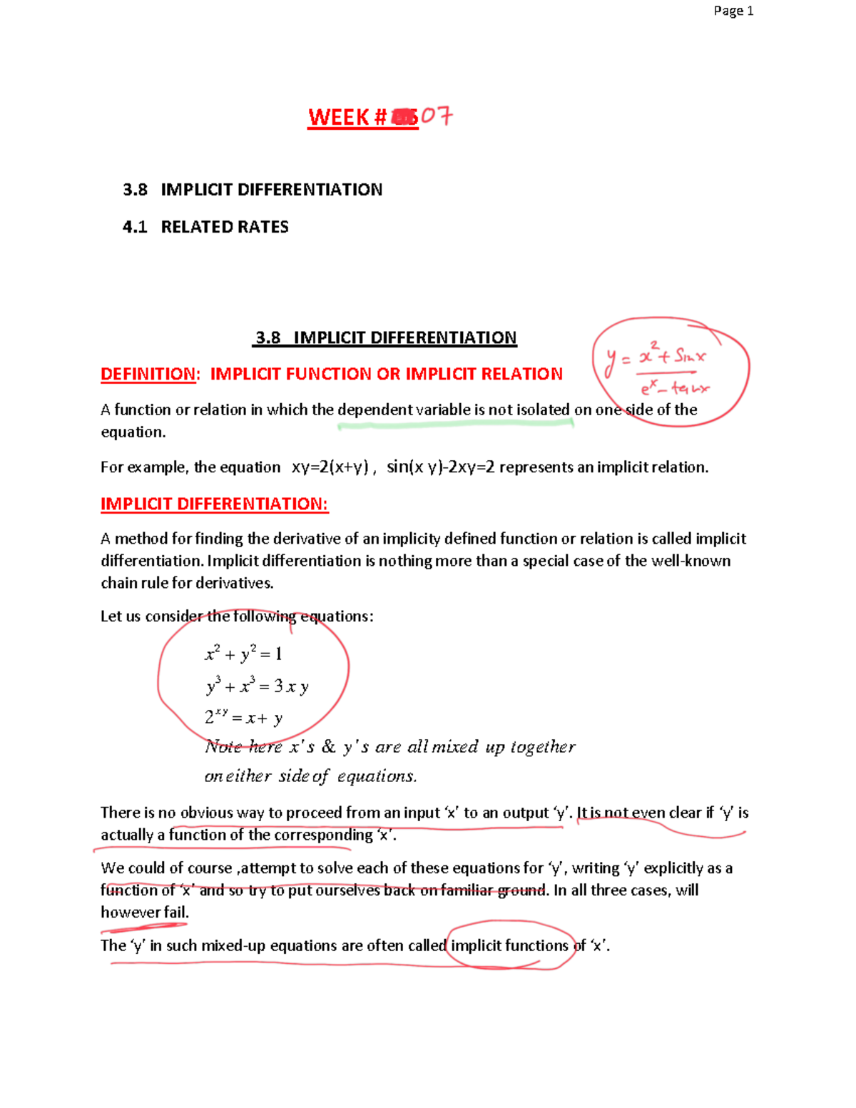 Handwritten-Template-WEEK 07 (1500) - WEEK # 0 6 3. 8 IMPLICIT DIFFERENTIATION 4. 1 RELATED ...