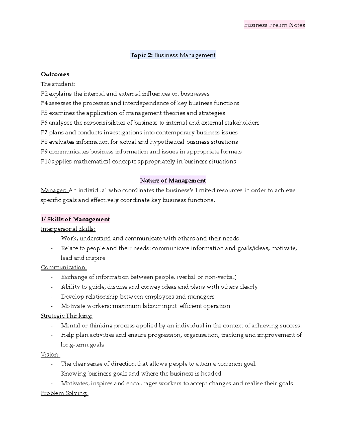 Business Yearly - Topic 2: Business Management Outcomes The student: P2 ...