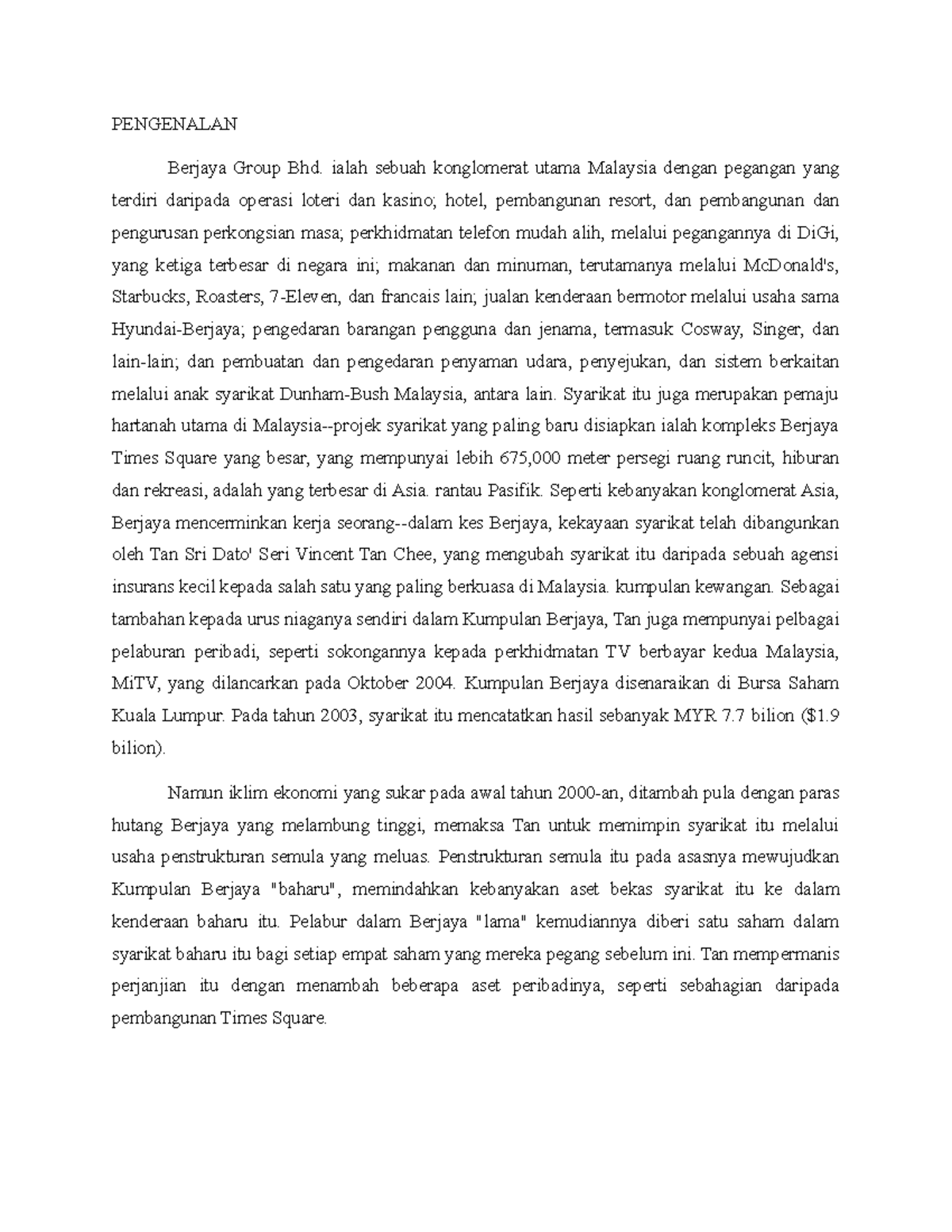 Oumh 3203 - notes - PENGENALAN Berjaya Group Bhd. ialah sebuah ...