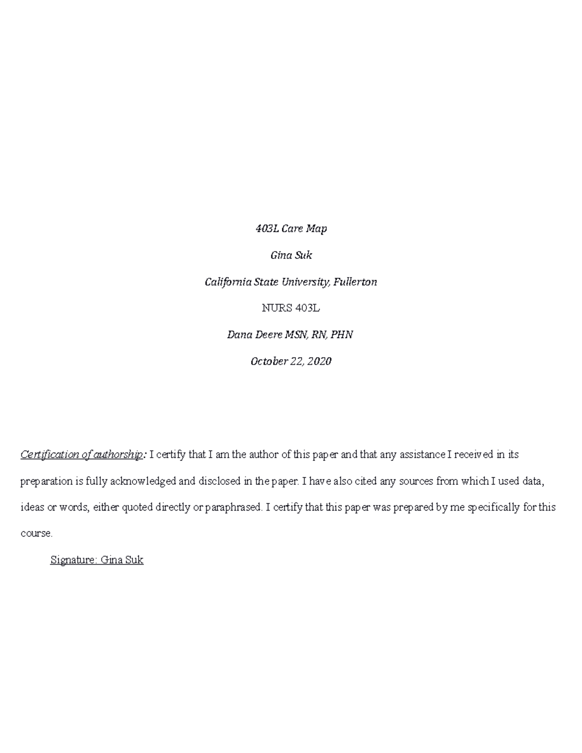 Nursing Foundations 403L Care Map - 403L Care Map Gina Suk California ...